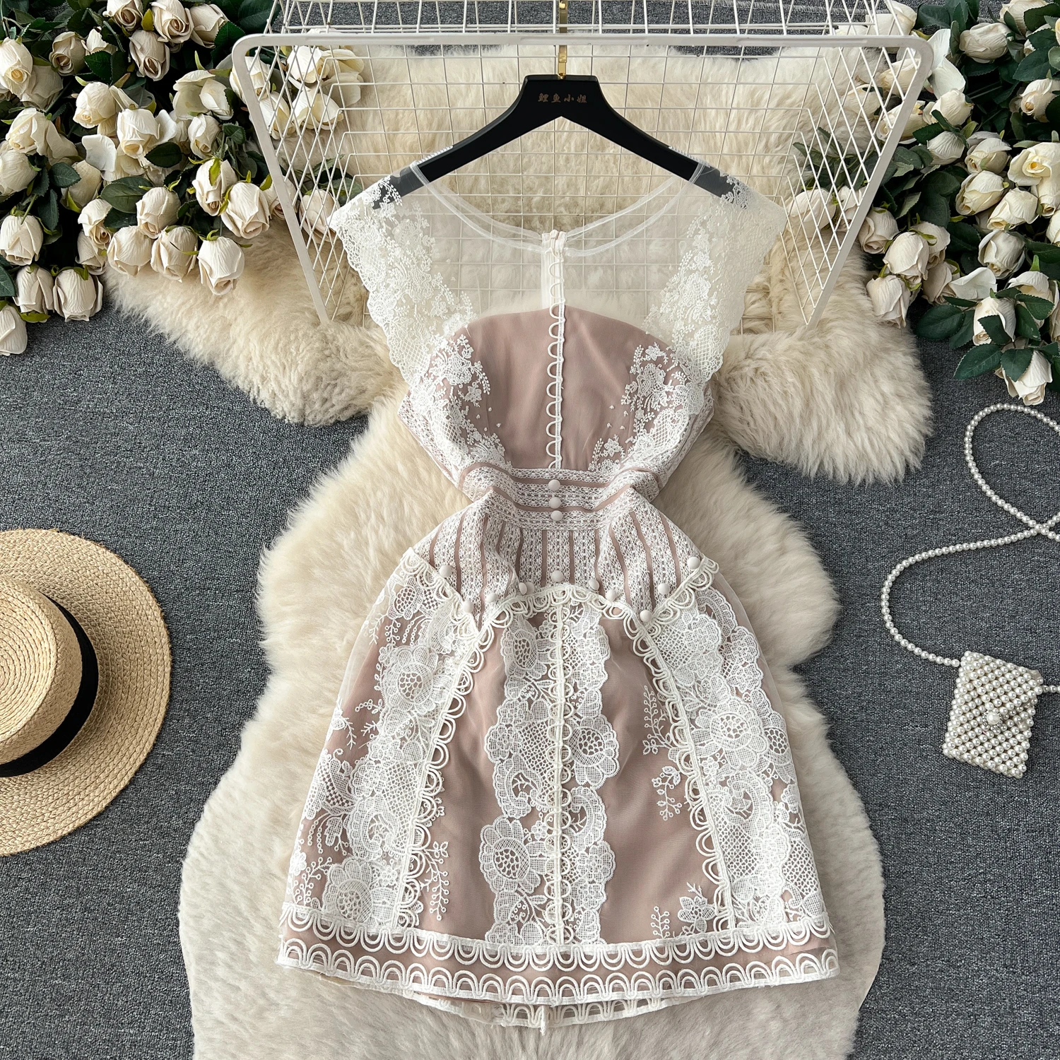 French-Chic-Summer-Mini-Dress-for-Women-Mesh-O-neck-Flying-Sleeve ...