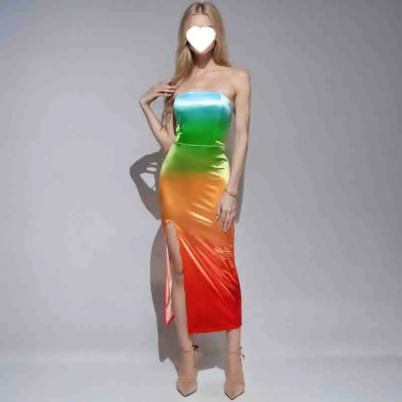 Rainbow-gradient-strapless-dress-medium-length-dress-women-s-slim-fit ...