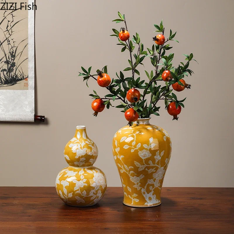 Yellow Painted Porcelain Vase Creative Classical Flower Pots Table ...