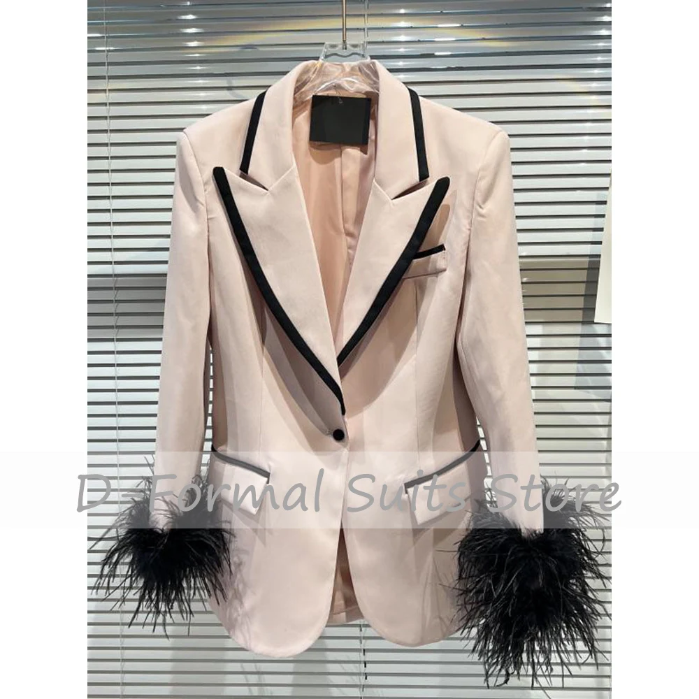 Jacket-Women-s-Color-Matching-Fashion-Feather-Decoration-Dress-Luxury ...