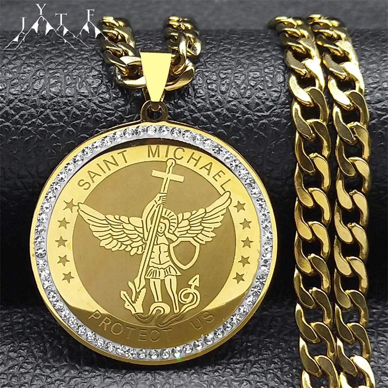 SAINT MICHAEL PROTECT US Arcángel hombres collar de cristal de acero ...