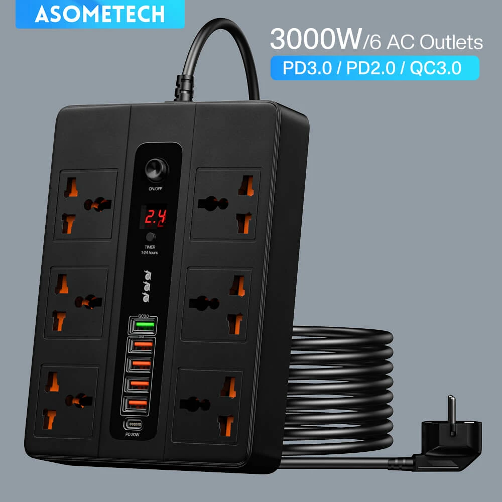 3000w 6 Universal Ac Jack Power Strip Surge Protector Timed Desktop Socket With Pd3.0 Qc3.0 Fast ...