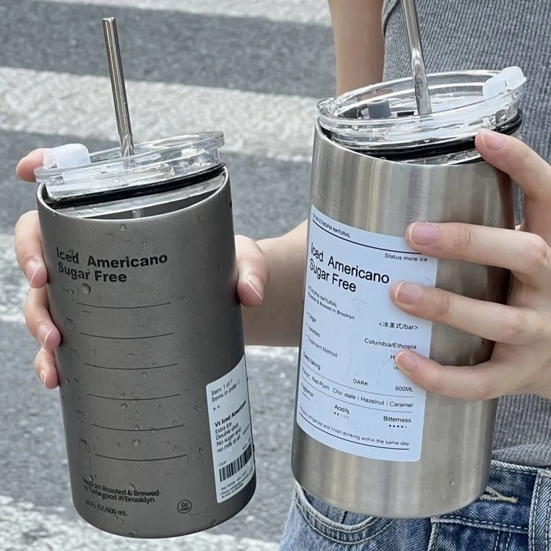 600ml Ins 커피 컵 보온병 스테인레스 스틸 물병 빨대 컵 아이스 아메리칸 커피 머그 텀블러 진공 플라스크 커플 컵