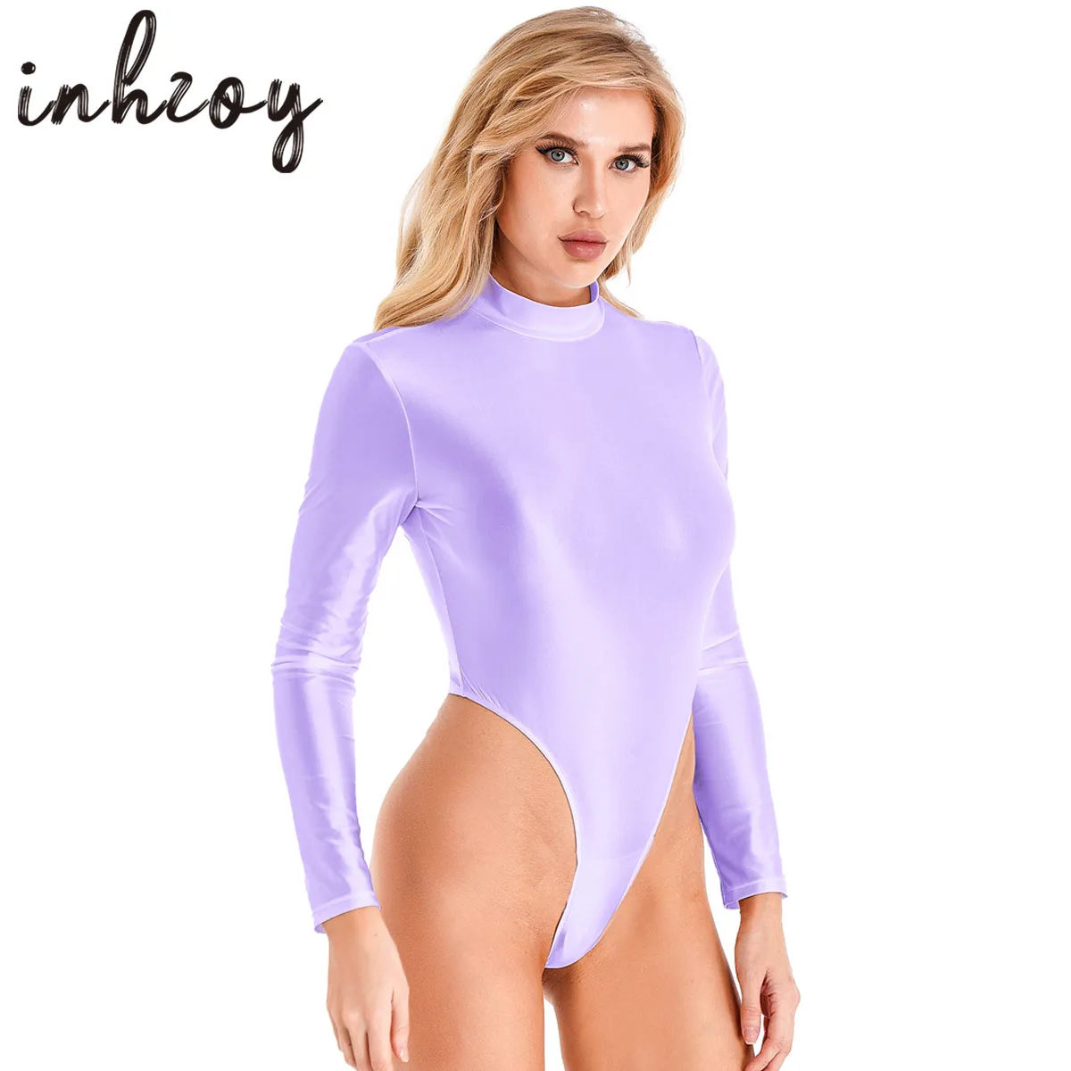 Womens Glossy High Cut Bodysuit Oil Shiny Long Sleeve One-piece Leotard Swimwear Swimsuit Sexy ...