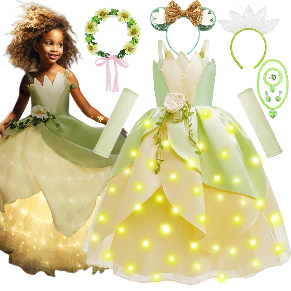 Fancy-Girl-Princess-Tiana-Costume-Dress-The-Frog-Cosplay-Floral-LED ...