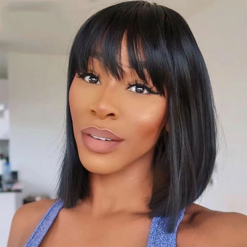 Short-Bone-Straight-Bob-Human-Hair-Wigs-With-Bangs-Full-Machine-Made ...