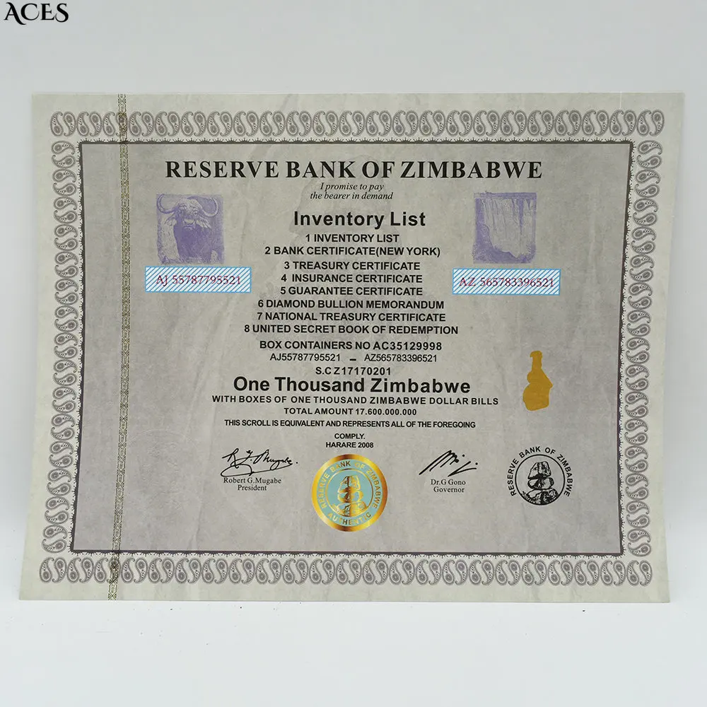 Zimbabwe Certificate One Thousand Notes Unique Serial Number Paper ...