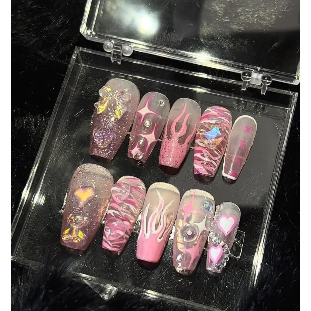 Y2k-Handmade-Manicure-Y2k-Sweet-Hottie-Flame-Manicure-Nail-Art-Bow-Love ...