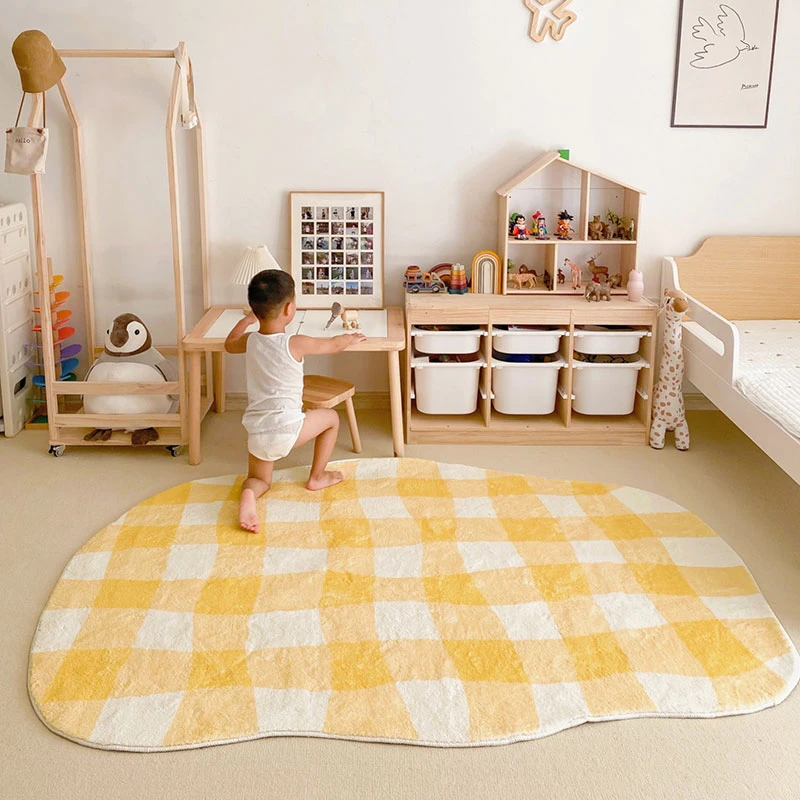 Cute Plaid Plush Rugs Anti-slip Fluffy Children's Bedroom Carpet Living ...