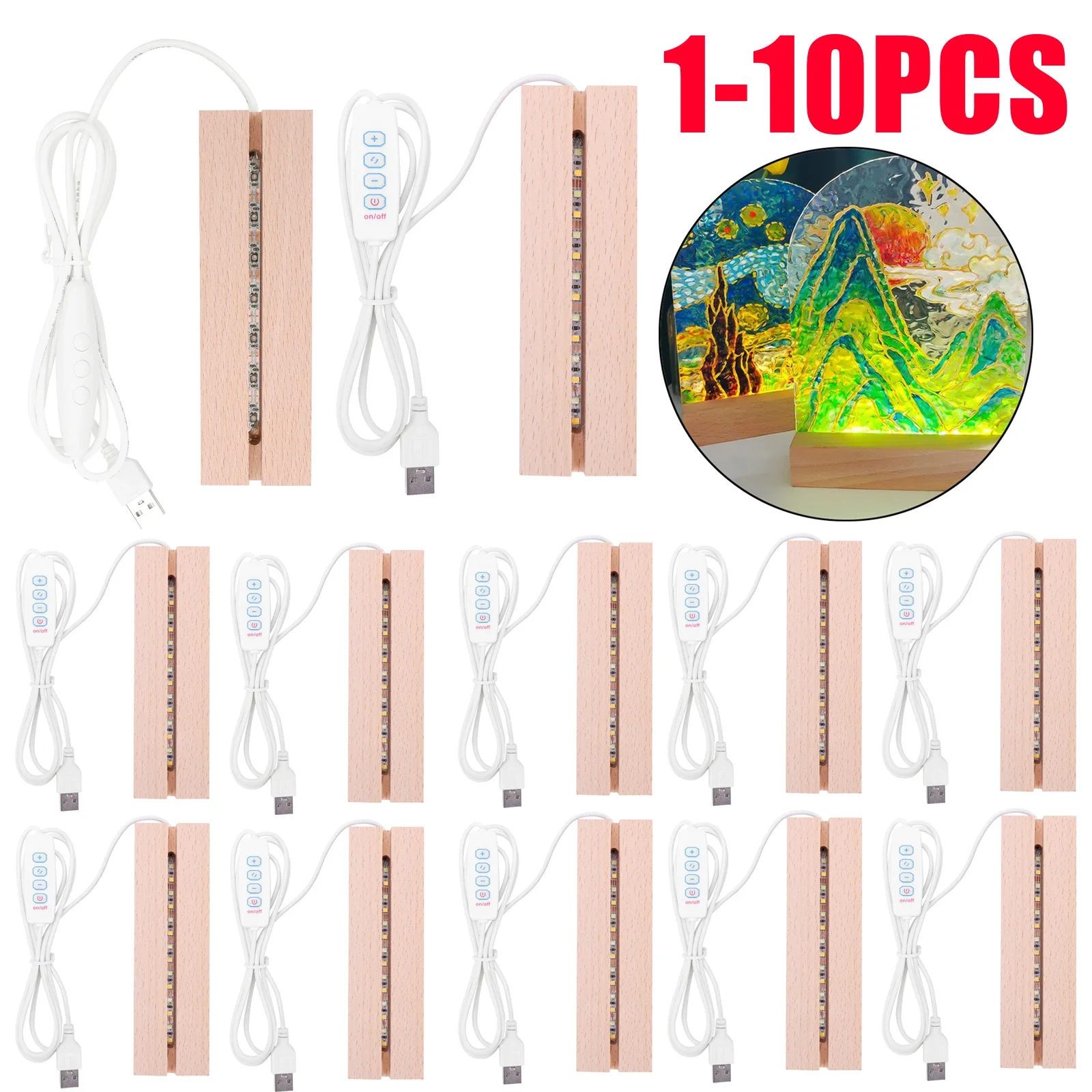 1-10pcs Creative LED Wood Light Display Base Rectangle Crystal USB ...