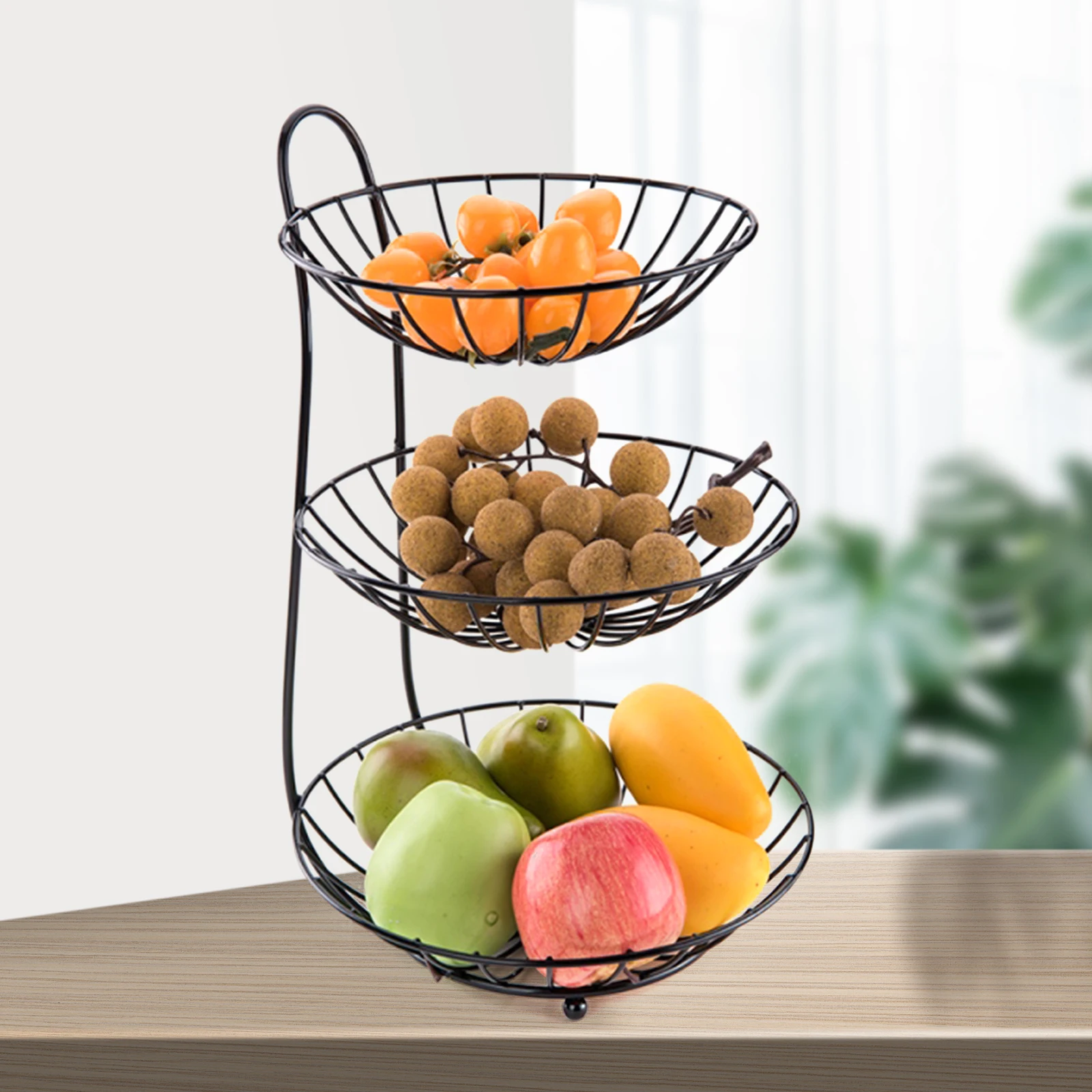 Black 3 Tier Fruit Stand Metal Fruit Bowl with Black Non-Slip Feet for ...