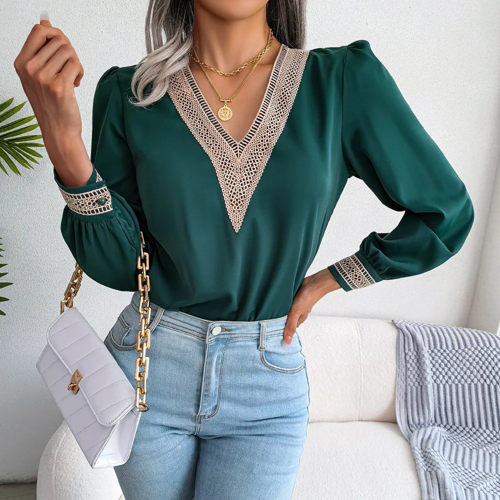 Fashion Long Sleeve Green Blouses Women 2022 Autumn Solid Color Lace V ...