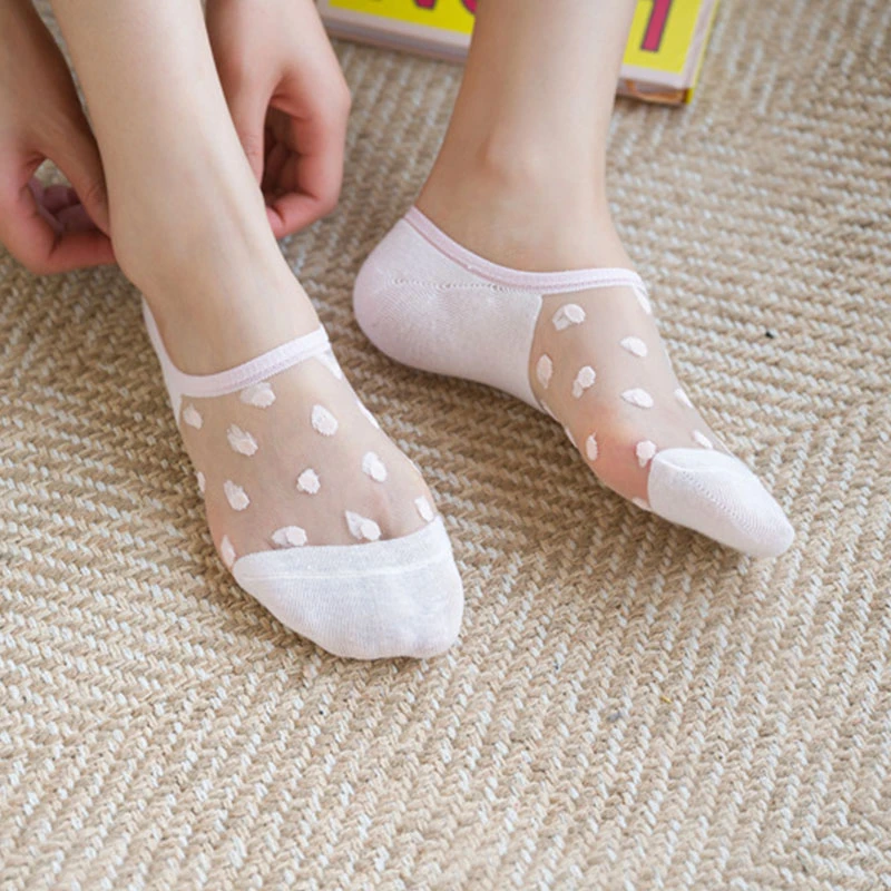 Summer Women Transparent Mesh Socks Dots Low Cut Invisible Boat Socks Lace Colorful Nylon Non ...