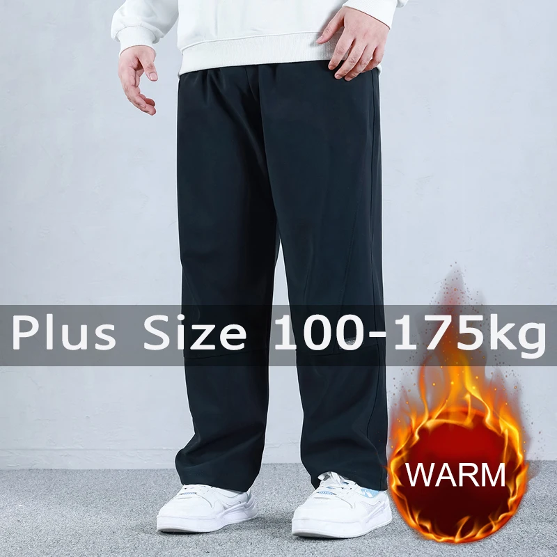 Plus Size Men Pants Winter Warm Plush Lining Solid Color Long Trousers ...