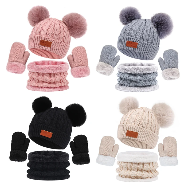 Winter-Baby-Hat-Set-4Pcs-Pompom-Kids-Knitted-Hat-Scarf-Gloves-Suit-Faux ...