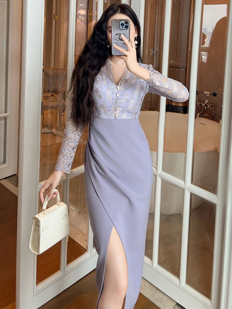 New-Purple-Fake-2-Piece-Pencil-Long-Dresses-Women-Mujer-Ladies-Elegant ...