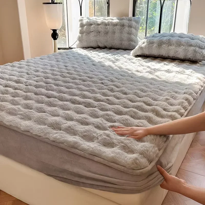 Fluffy Plush Fitted Bed Sheet Solid Color Long Hair Fleece Bed Cover ...