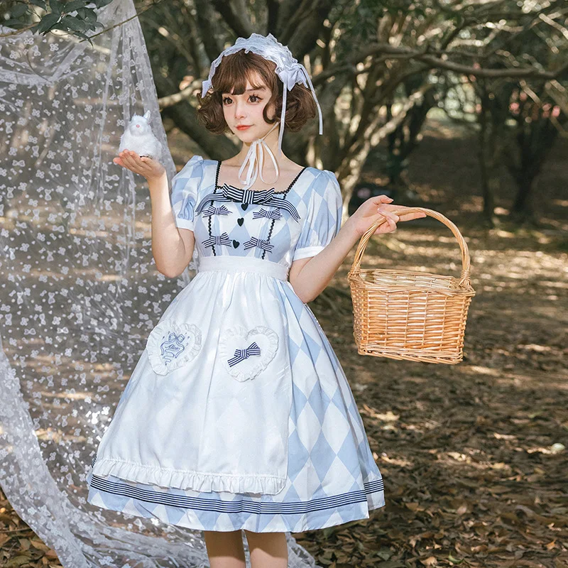 Sky Blue Cute Lolita Short Sleeve Op Dress Two Piece Set With Apron ...