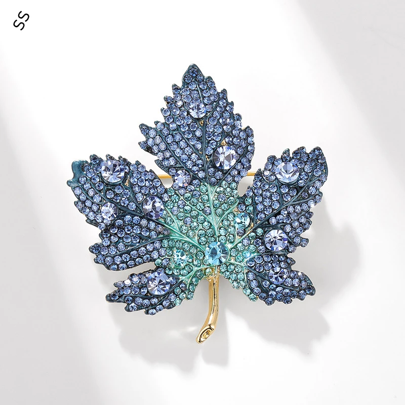 Hand-Inlaid-Import-Rhinestone-Blue-Maple-Leaf-Brooch-for-Women-Corsage ...