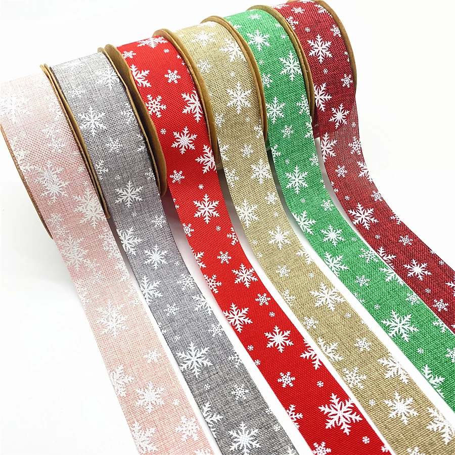 2-Yards-25mm-Single-Face-Printed-Snowflake-Linen-Ribbon-Christmas ...