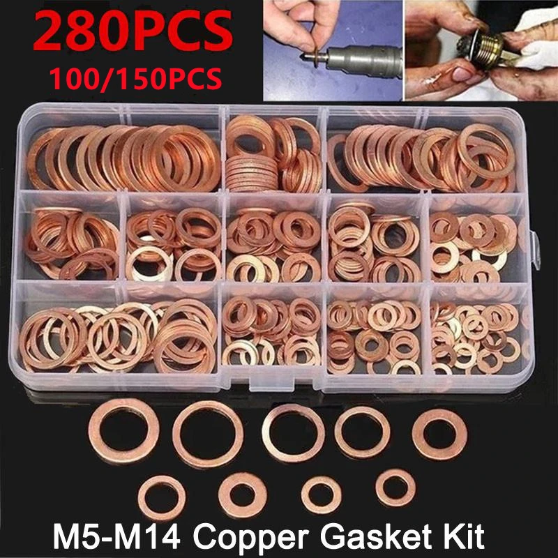 100-150-280Pcs-Copper-Washer-Gasket-Nut-And-Bolt-Set-Flat-Ring-Seal ...