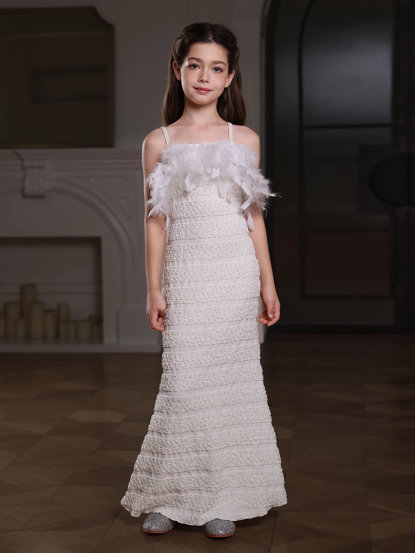 Charming-Fish-Tail-Gown-For-Girls-Jacquard-Fabric-Splicing-Natural ...