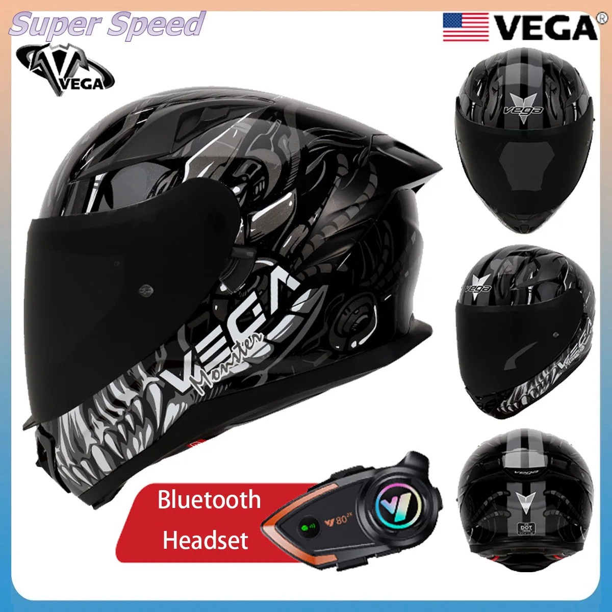 VEGA Motorcycle helmet Give Bluetooth headset Full face off-road Racing ...