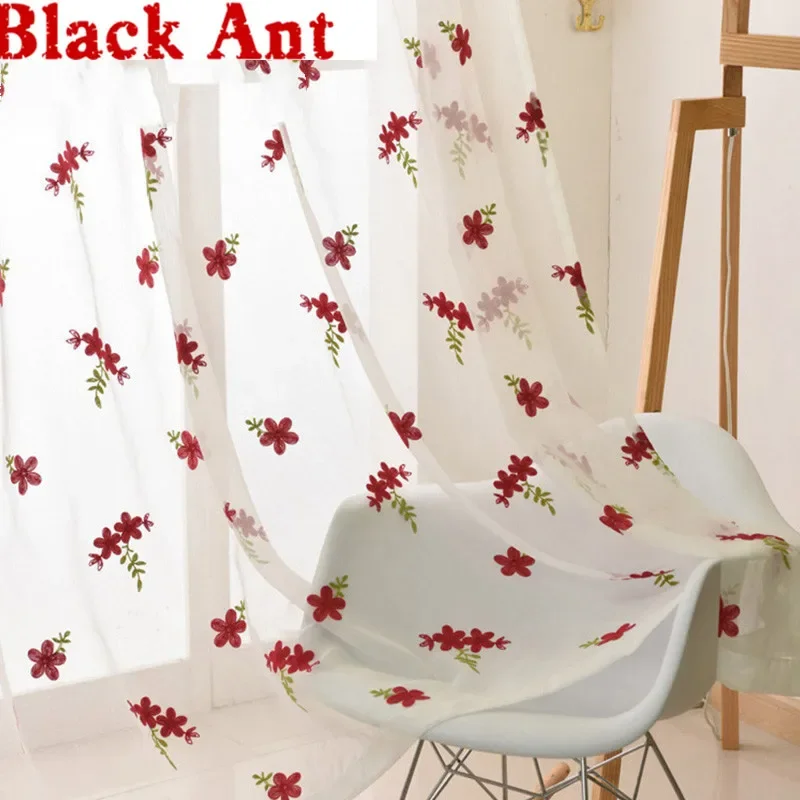 Floral-Red-Curtains-White-Embroidered-Voile-Modern-Window-Living-Room ...
