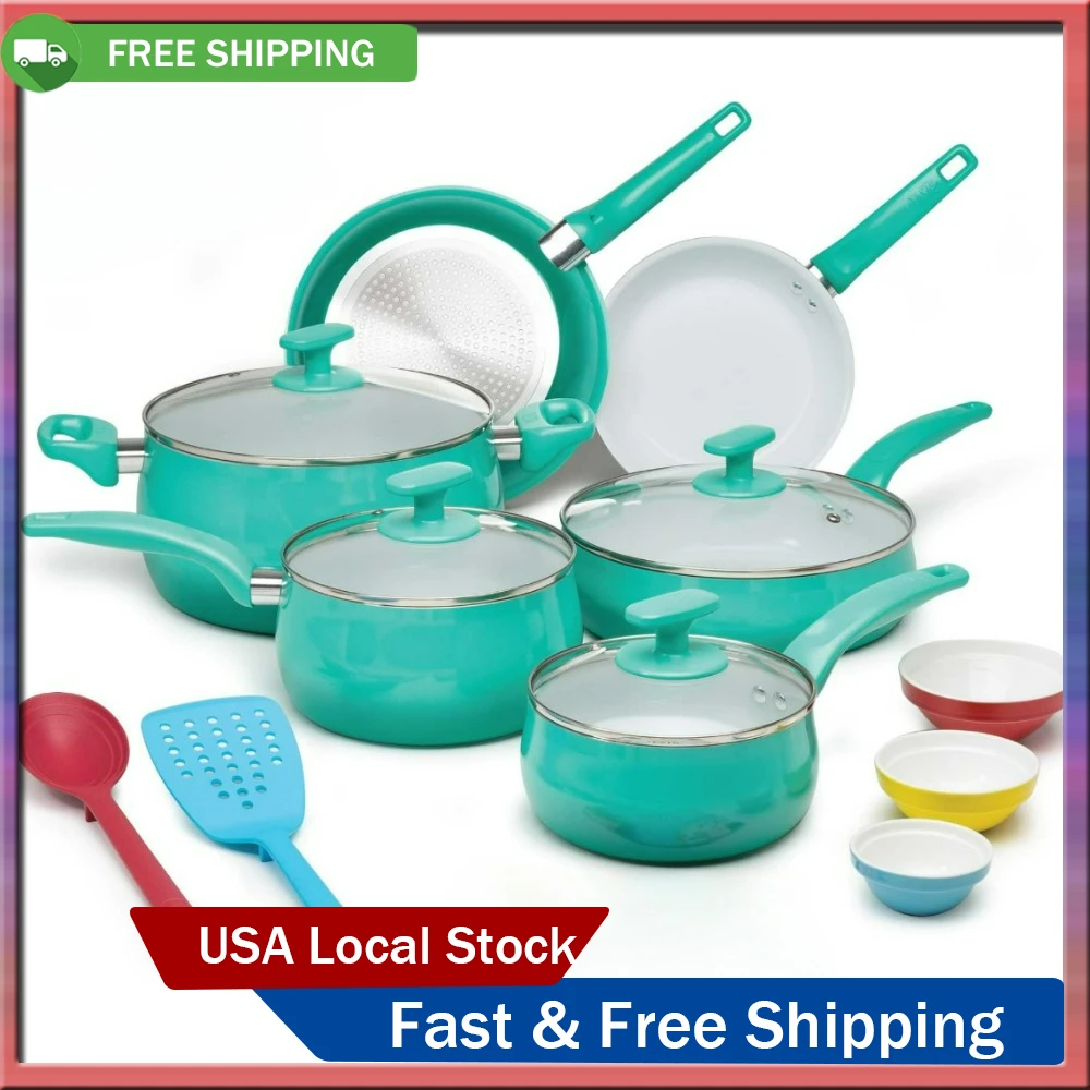 16-Piece Non-Stick Ceramic Titanium Cookware Set, Dishwasher Safe, Scratch-Resistant, with Even ...