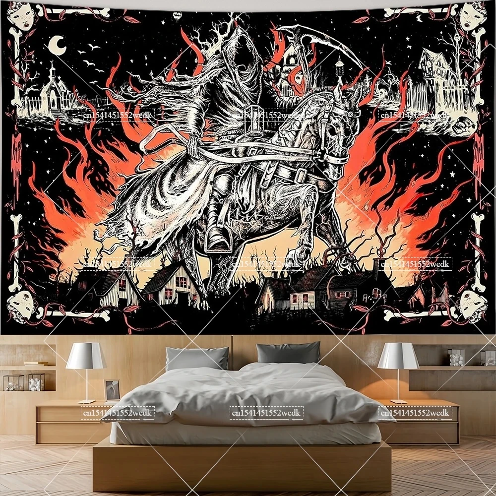 Medieval Knight Spooky Skull Flame Tapestry Aesthetic Living Room Decor ...