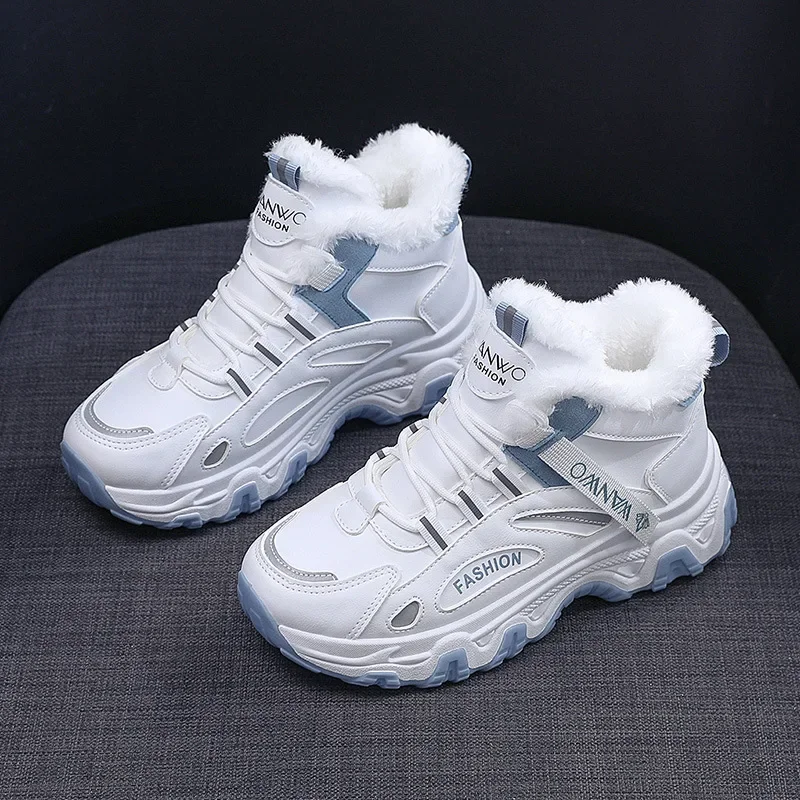 Women's White Winter Sneakers with Plush Lining and Chunky Sole - Warm ...