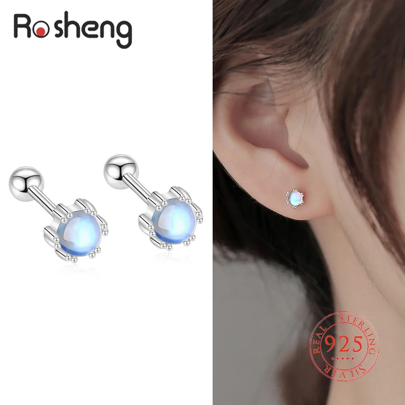 Screw-Stud-Earrings-Silver-925-Rainbow-Moonstone-Ear-Piercing-Cute ...