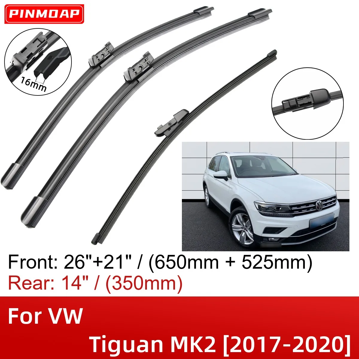 For VW Tiguan MK2 2017-2020 26"+21"+14" Front Rear Wiper Blades Brushes ...