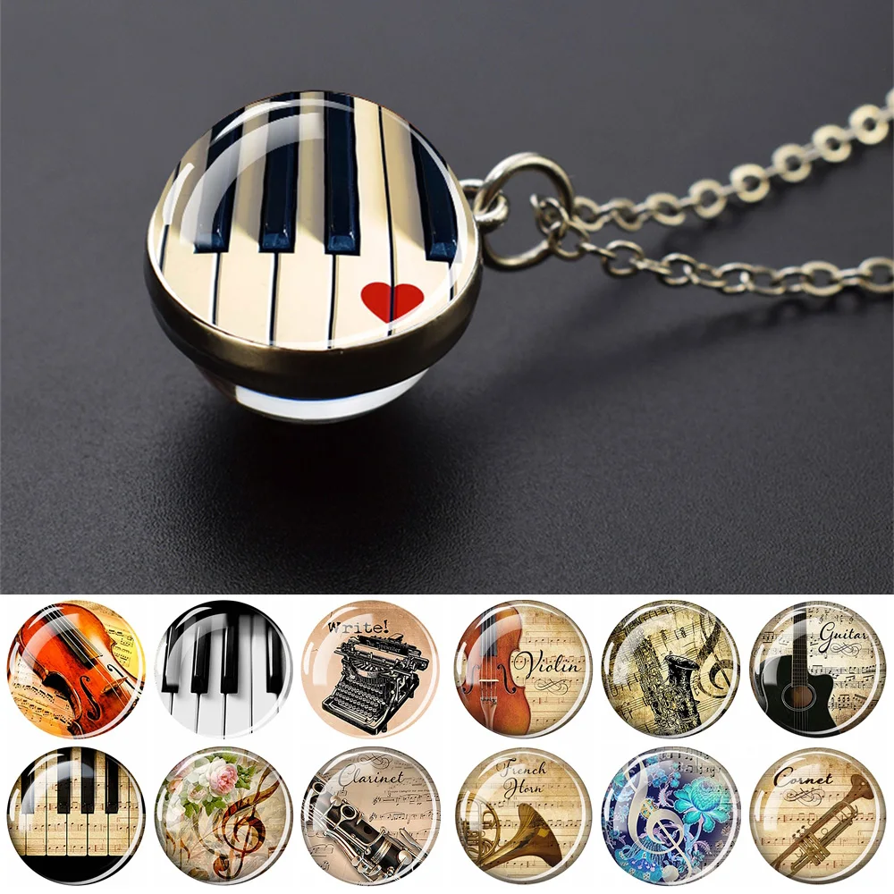 Musical-Instrument-Necklaces-Piano-Guitar-Clarinet-Flute-Art-Glass-Ball ...