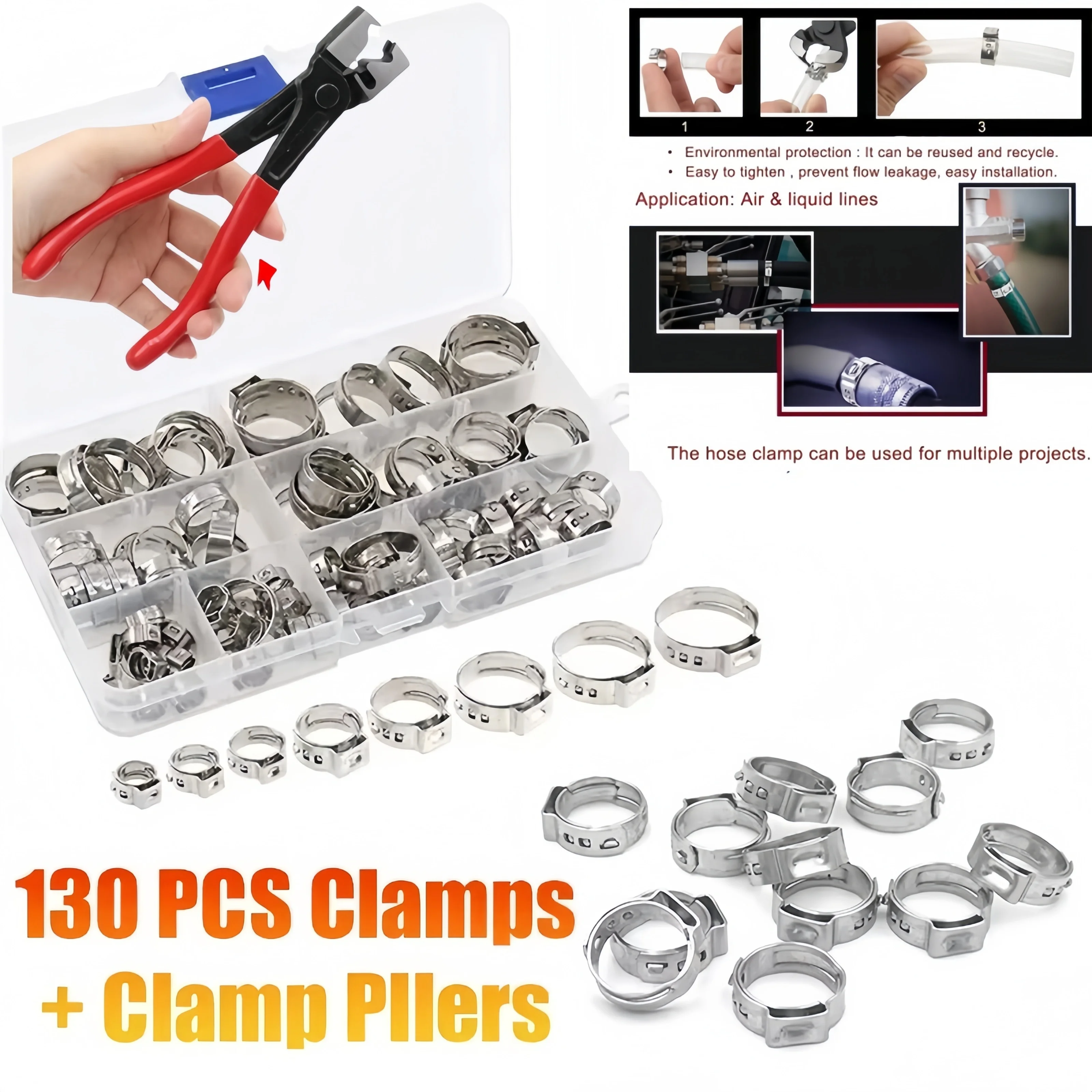 130/80PCS of Stainless Steel Ear Type Stepless Clamp Hose Clamp Pliers ...