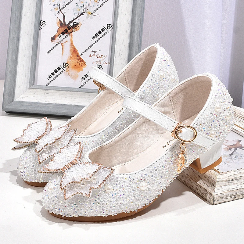 Summer Girls Shoes High Heels Sequin Leather White Girl Communion Shoes ...