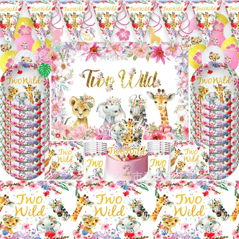 Pink Wild Two Girls 2th Birthday Party Tablecloth Decoration Safari ...