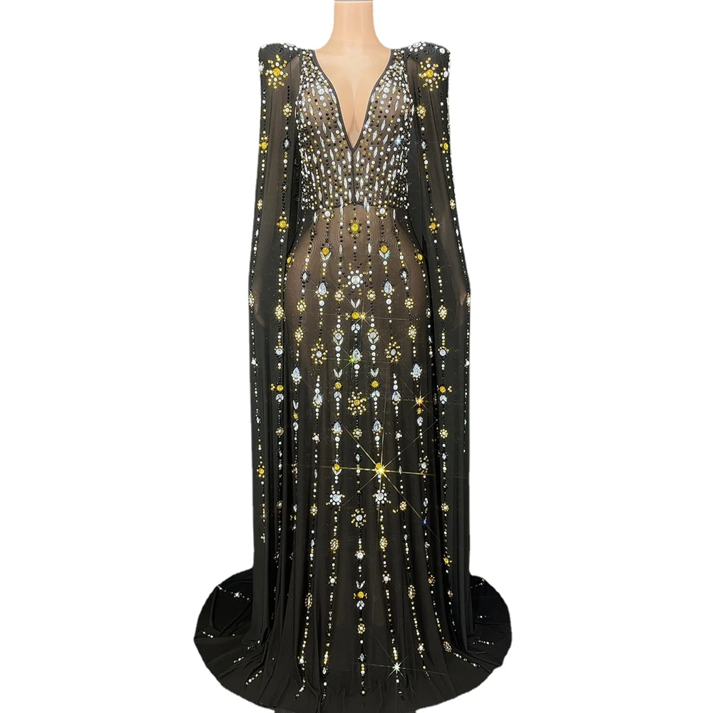 Sexy Mesh Transparent Sparkly Rhinestones Long Dress Cloak Celebrate ...