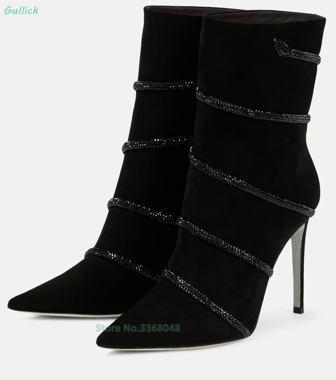 Crystal-embellished Snake Straps Ankle Booties Sexy Pointed Toe Black ...