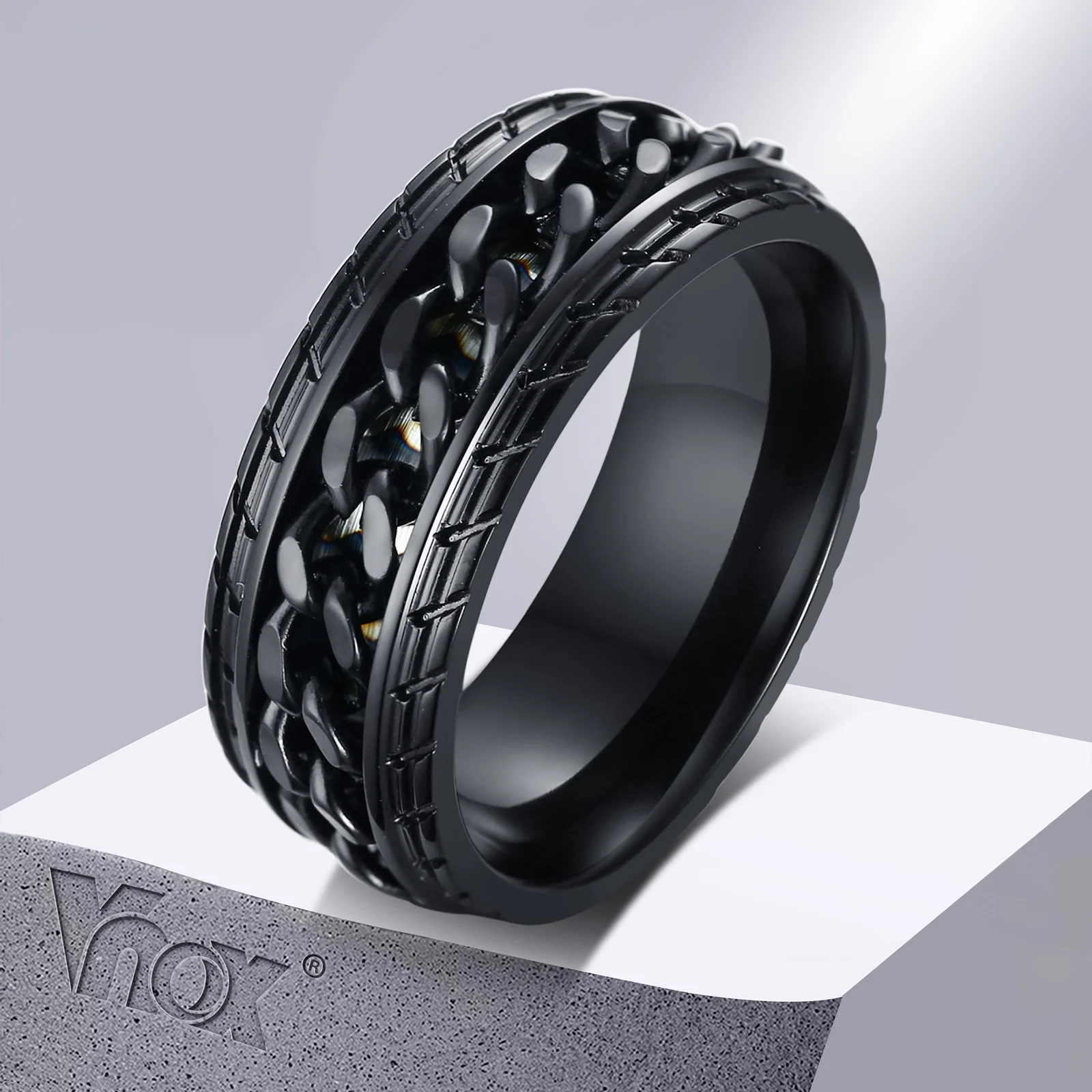 Vnox 8mm Cool Black Spinner Chain Ring For Men Tire Texture Stainless ...