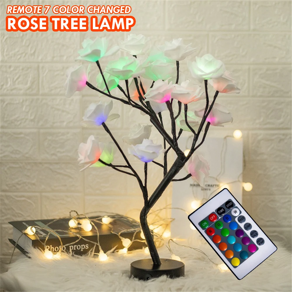 Remote Control Night Light Color Changing Rose Flower Tree Lamp Bedroom ...