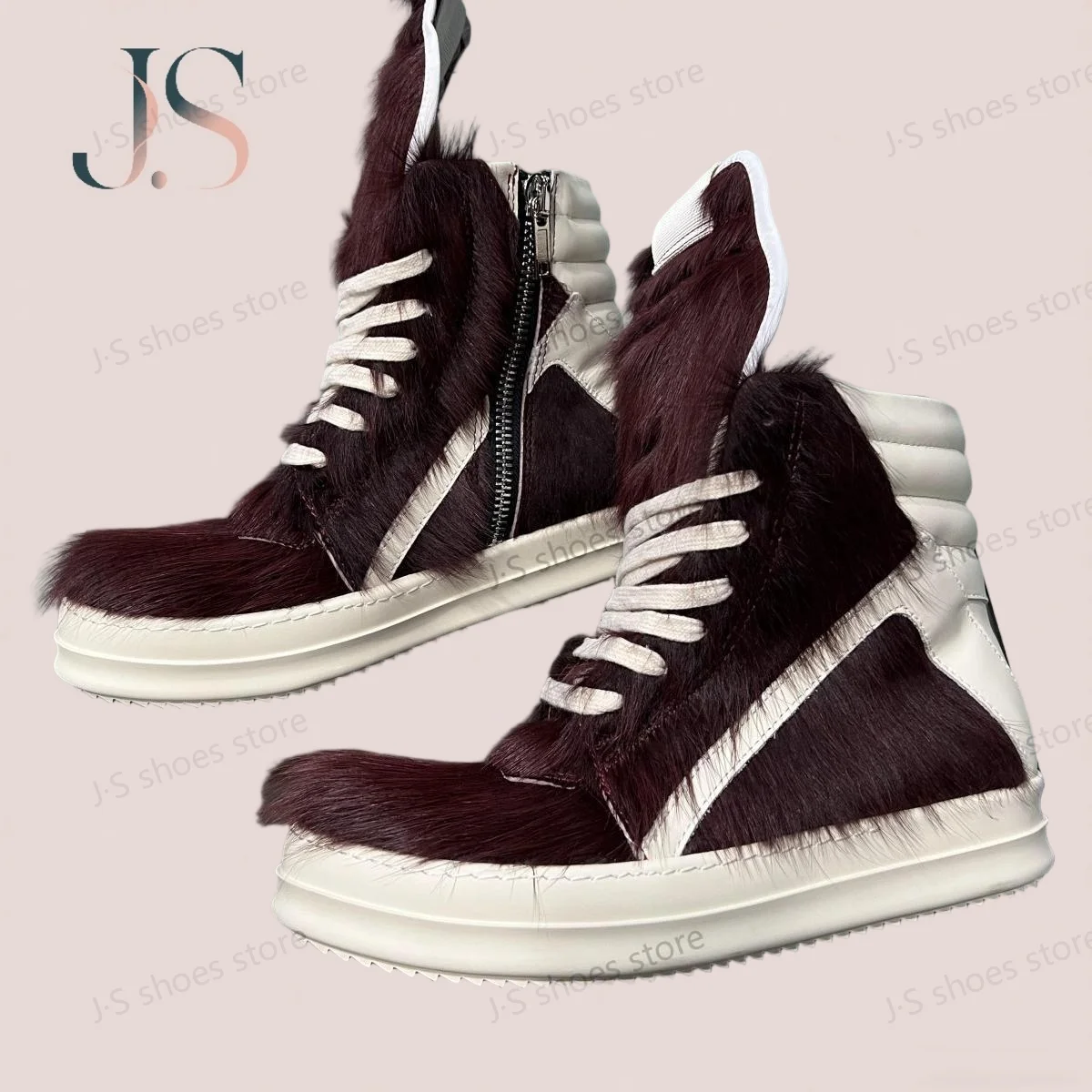 Ro Sneakers Wine Red Horsehair High Top Shoe Leather Boot Men Shoes ZIP ...