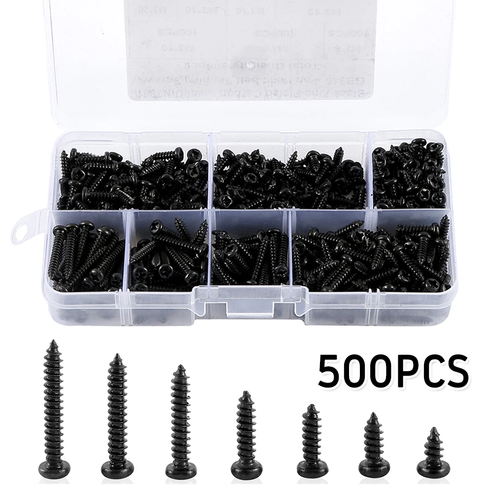 500Pcs-M3-Pan-Head-Tapping-Screw-Cross-Head-Carbon-Steel-Cross-Round ...