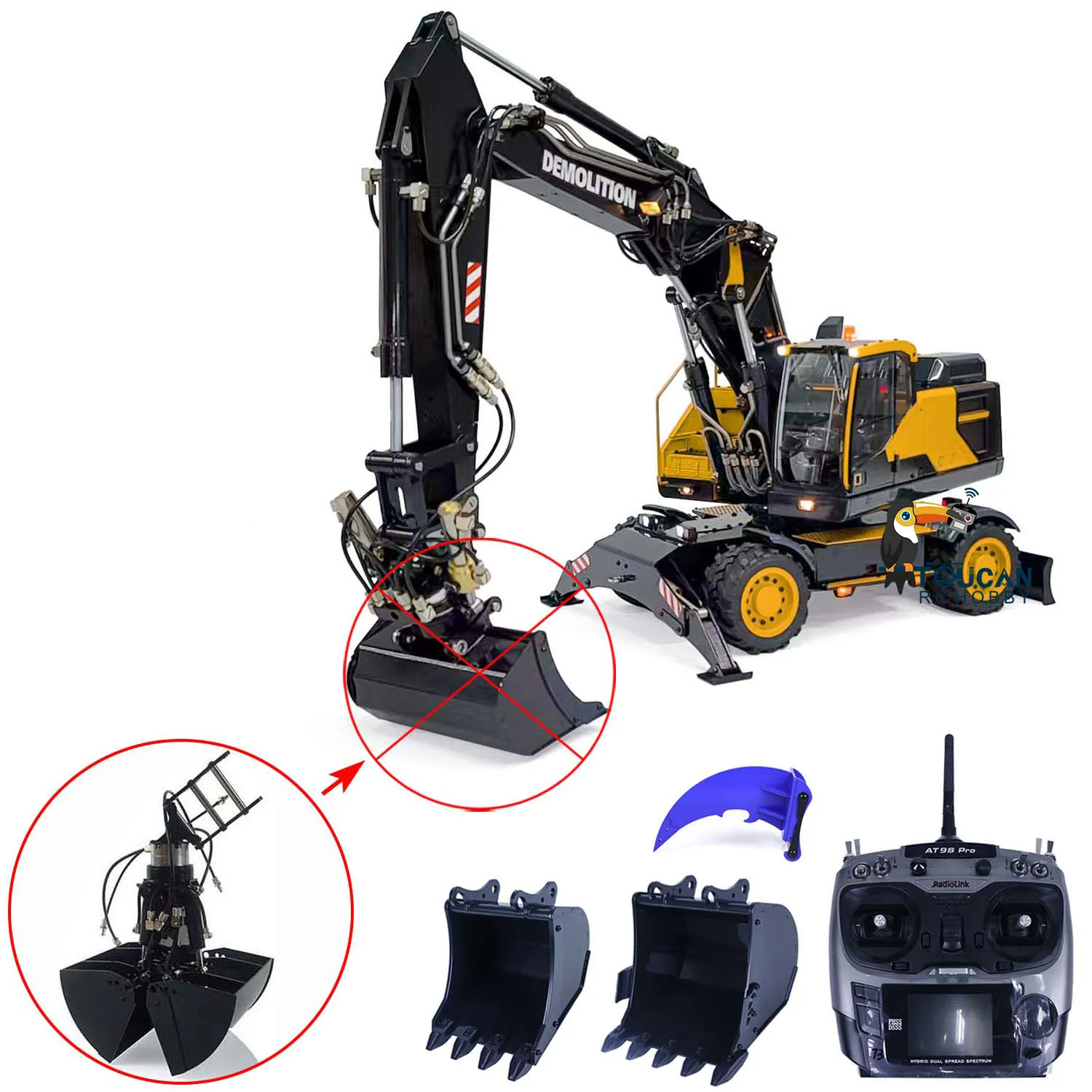 1/14 Hydraulic Rc Wheeled Excavator 3 Arms Ec380 Yellow Remote Control ...