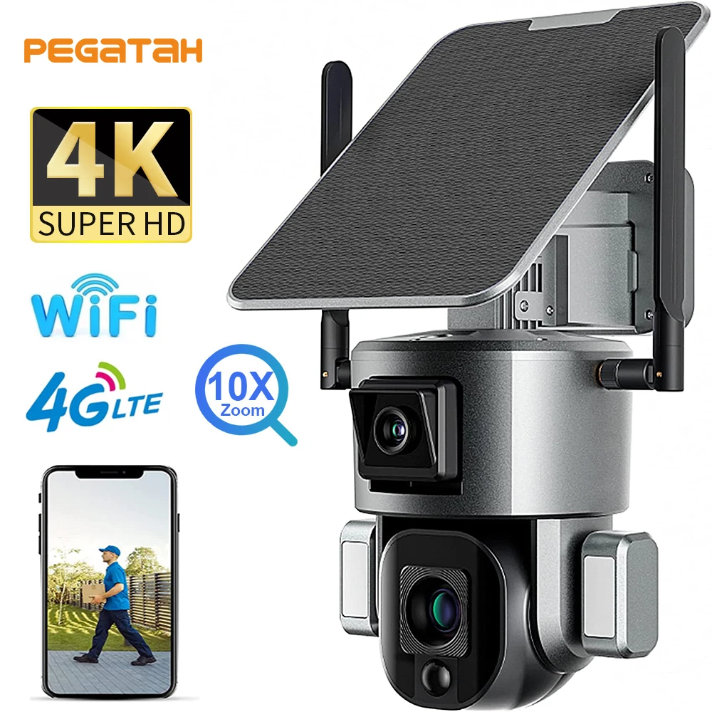Pegatah 8mp 4g Wireless Solar Camera 4k Wifi Dual Lens 4x 10x Solar ...