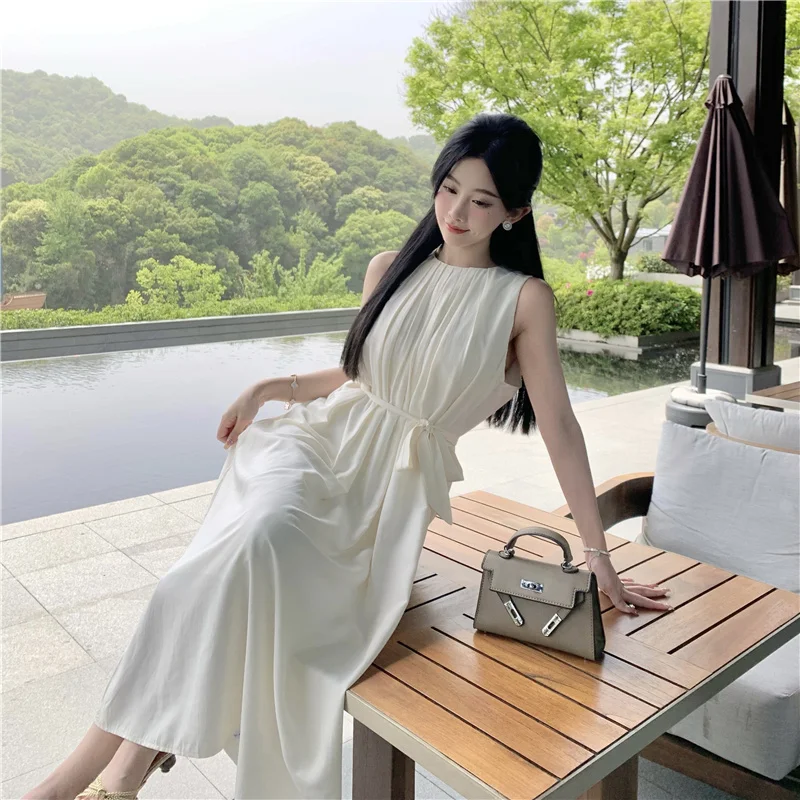 살구 라운드 넥 민소매 드레스 여성 여름 레이스 업 허리 포옹 슬리밍 A 라인 스커트 프랑스 스타일 오프 숄더 쉬폰 조끼 스커트