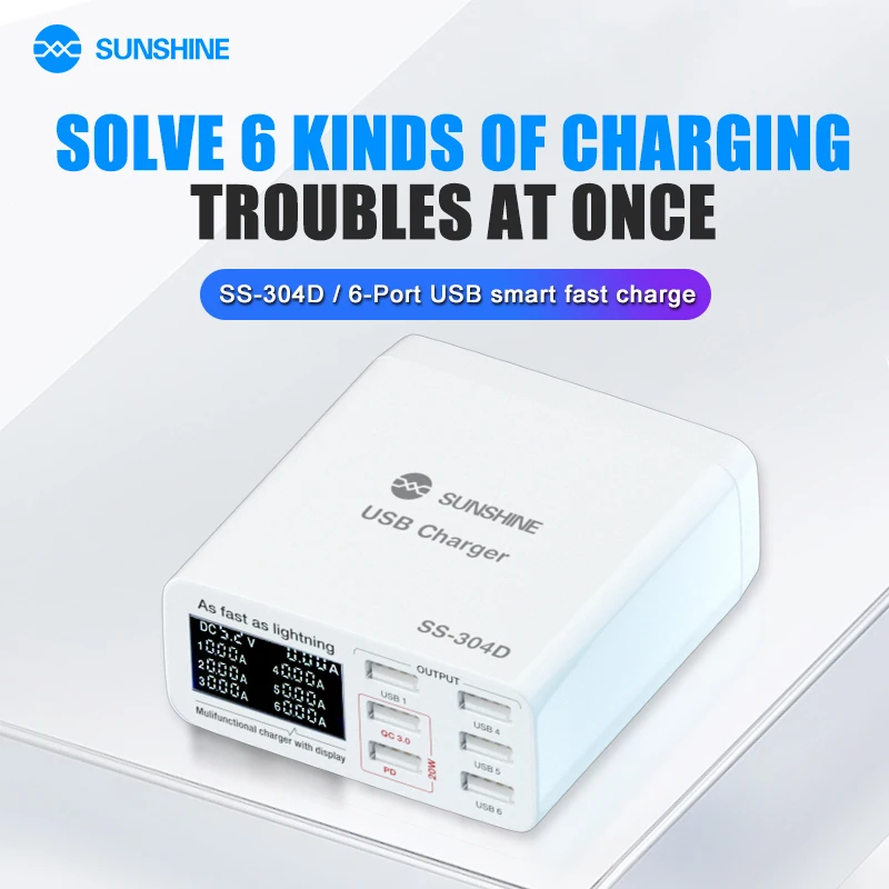 SUNSHINE SS-304D Multi-port Charger 6 Port USB Smart Charger with LCD ...