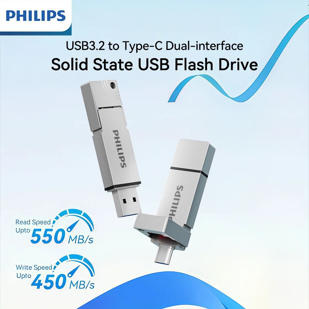 PHILIPS External USB C SSD Flash Drive 512GB, Up to 550MB/s 2-in-1 Type ...