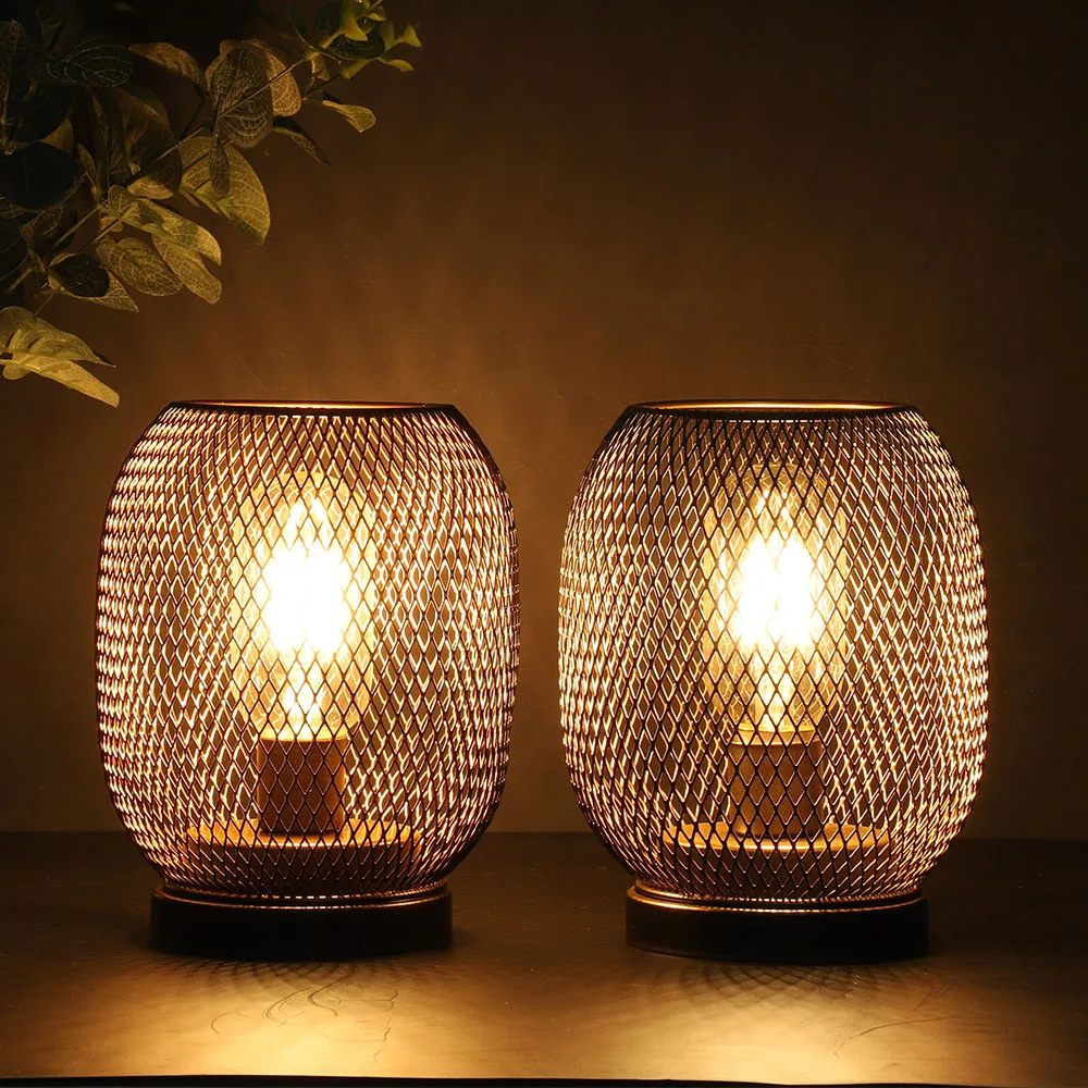2Pcs-Metal-Cage-Table-Lamp-Round-Shaped-LED-Lantern-Battery-Powered ...