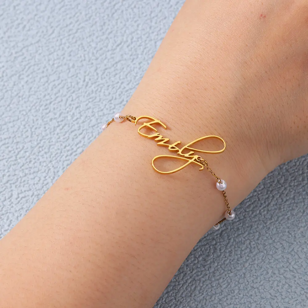 Custom-Beaded-Pearls-Name-Bracelet-For-Women-Girls-Stainless-Steel-Gold ...